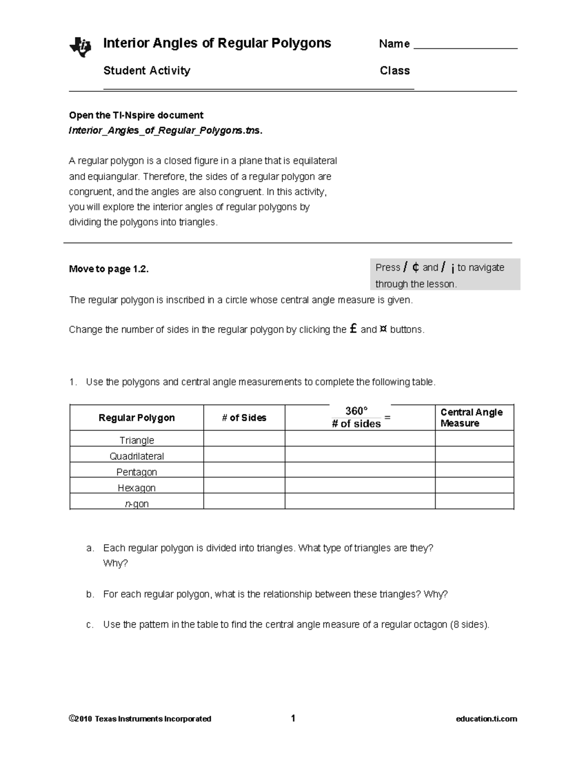 Interior angles of regular polygons student - Interior Angles of ...