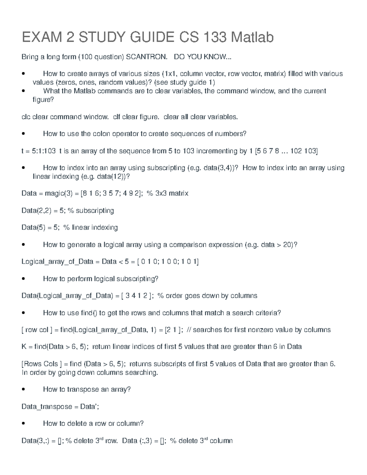 EXAM 2 Study Guide - EXAM 2 STUDY GUIDE CS 133 Matlab Bring a long form ...