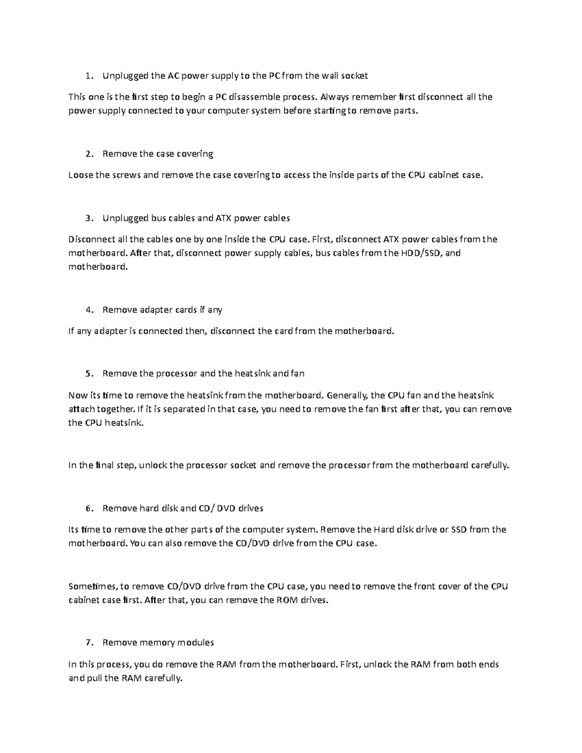 Assembling and Disassembling of System unit. - Unplugged the AC power ...