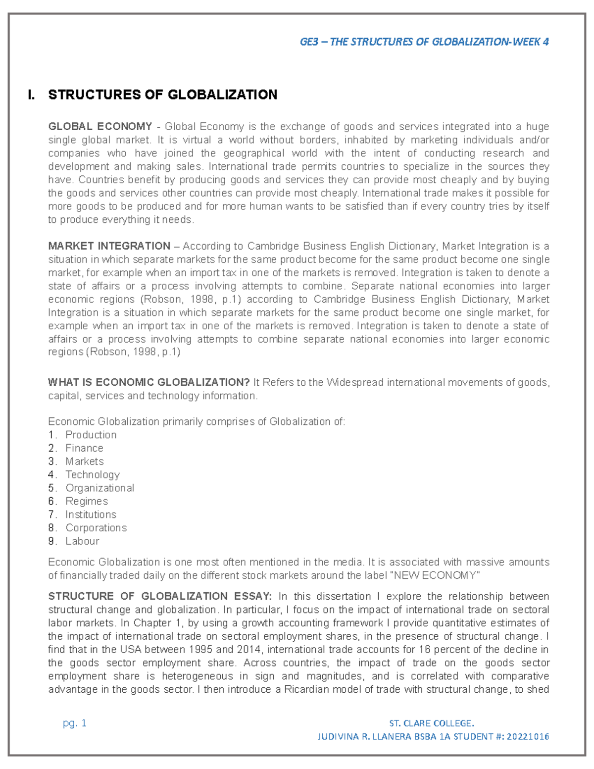 GE3 THE Structures OF Globalization - I. STRUCTURES OF GLOBALIZATION ...