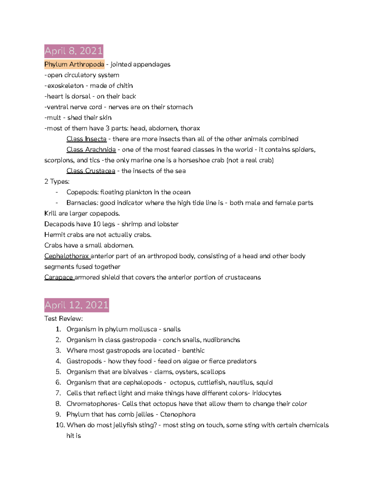 Marine notes - April 8, 2021 Phylum Arthropoda - jointed appendages ...