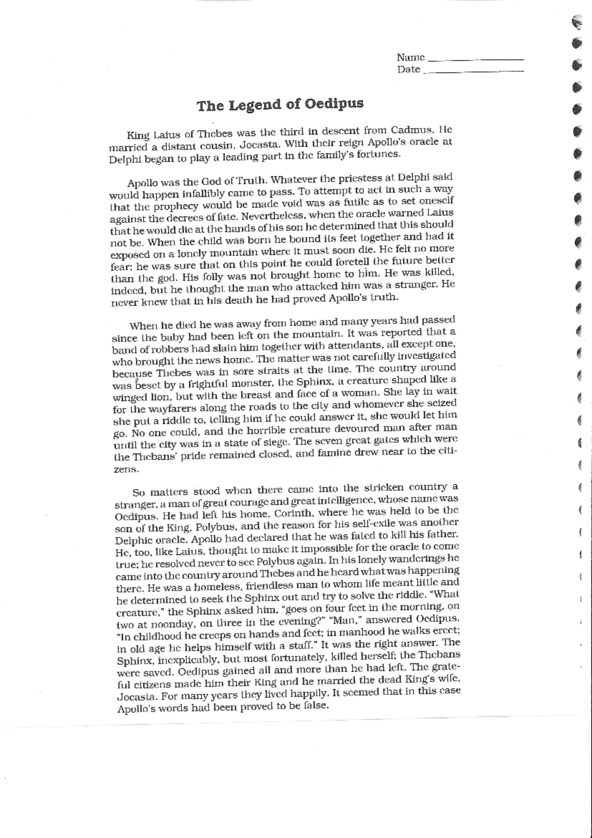 The Legend of Oedipus - He married a distant cousin, Jocasta. With ...