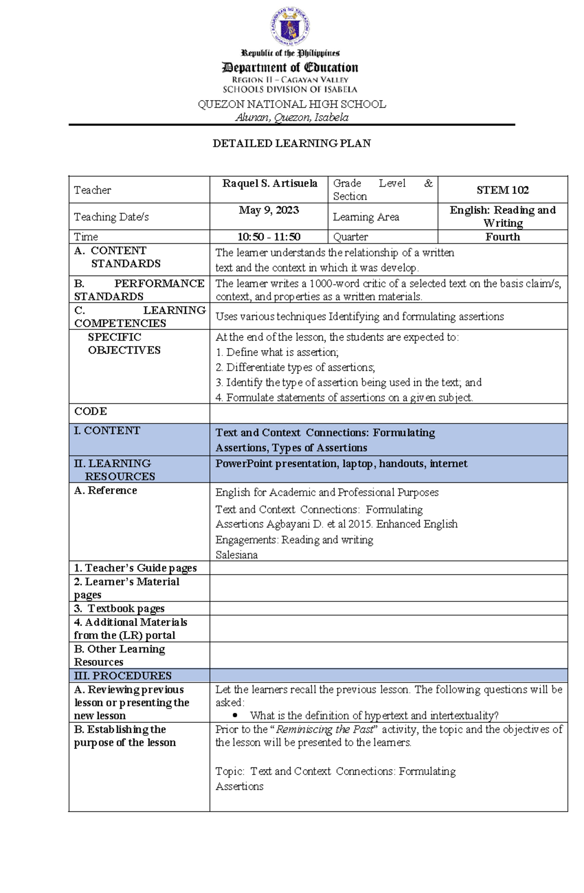 DLP final - DLP. ENGLISH - Alunan, Quezon, Isabela DETAILED LEARNING ...