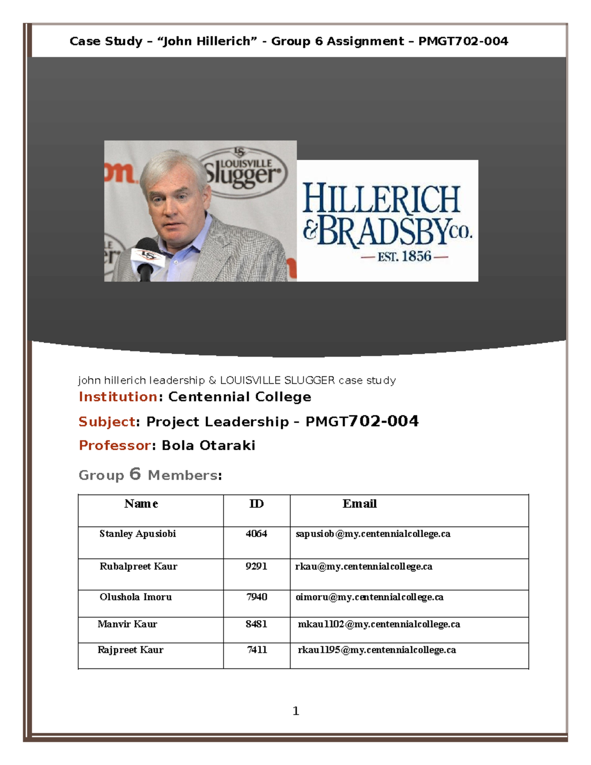 Case Study - John Hillerich-Group 6 Assignment-PMGT 702-004 - RR john ...
