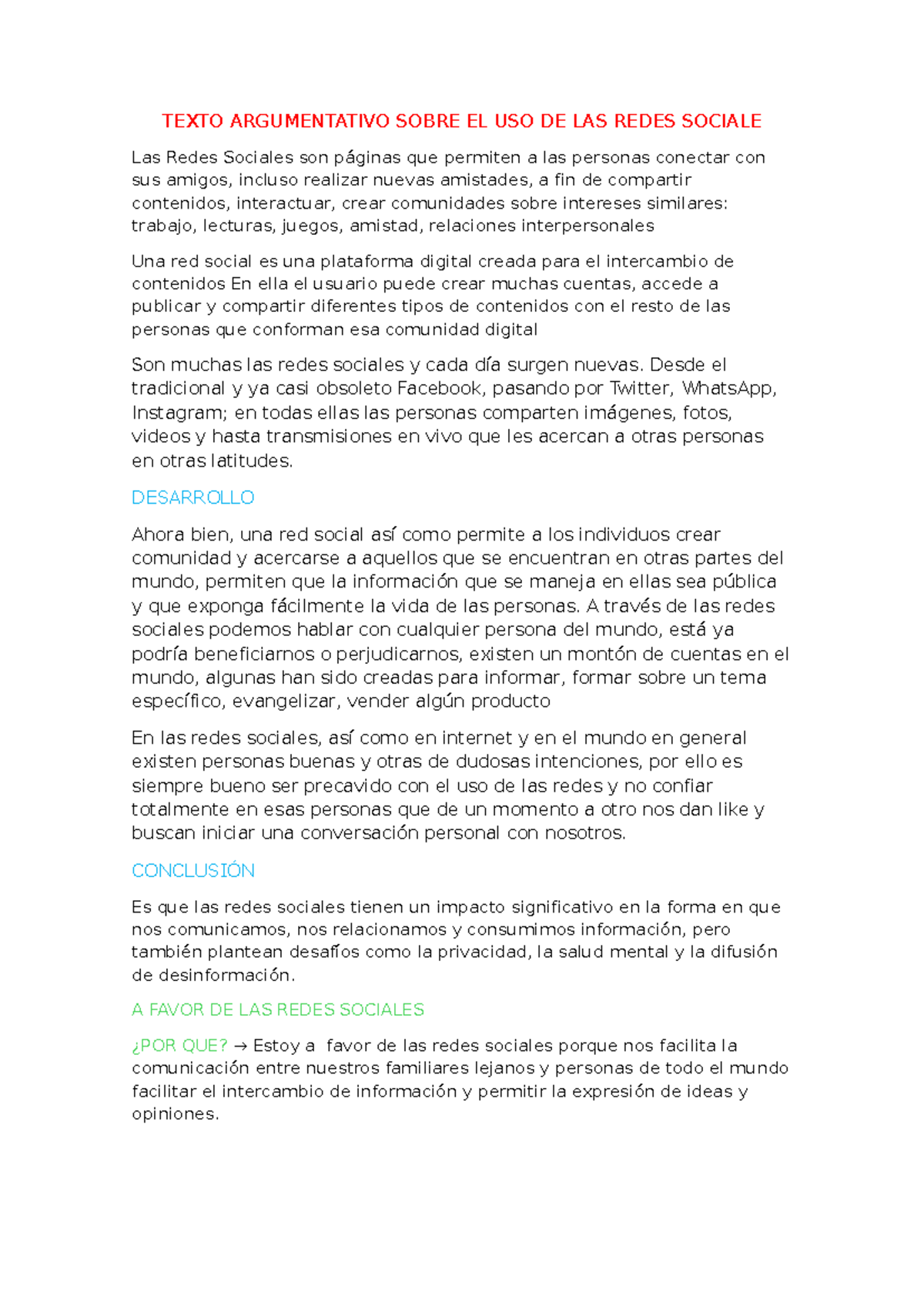 Texto argumentativo sobre las redes las sociales - TEXTO ARGUMENTATIVO ...