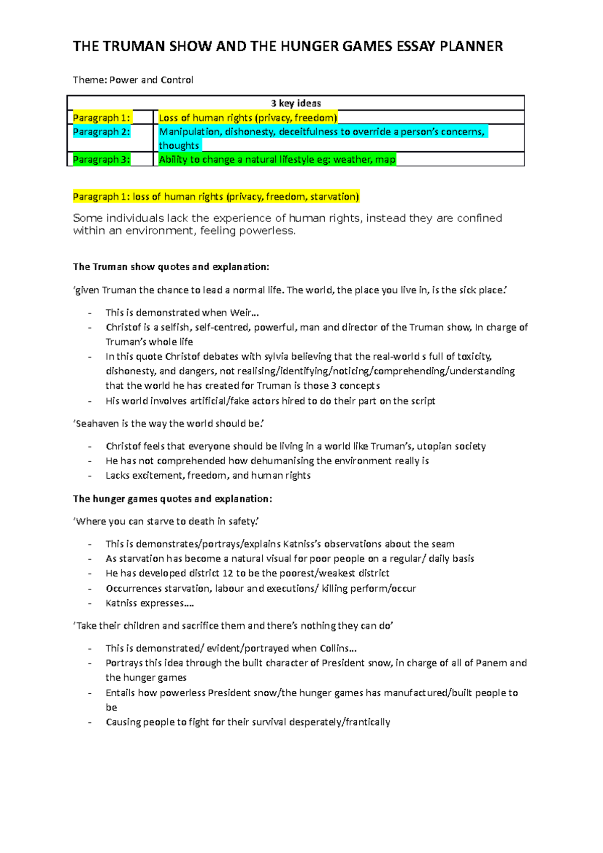Comparative essay planner THG TTS - THE TRUMAN SHOW AND THE HUNGER ...