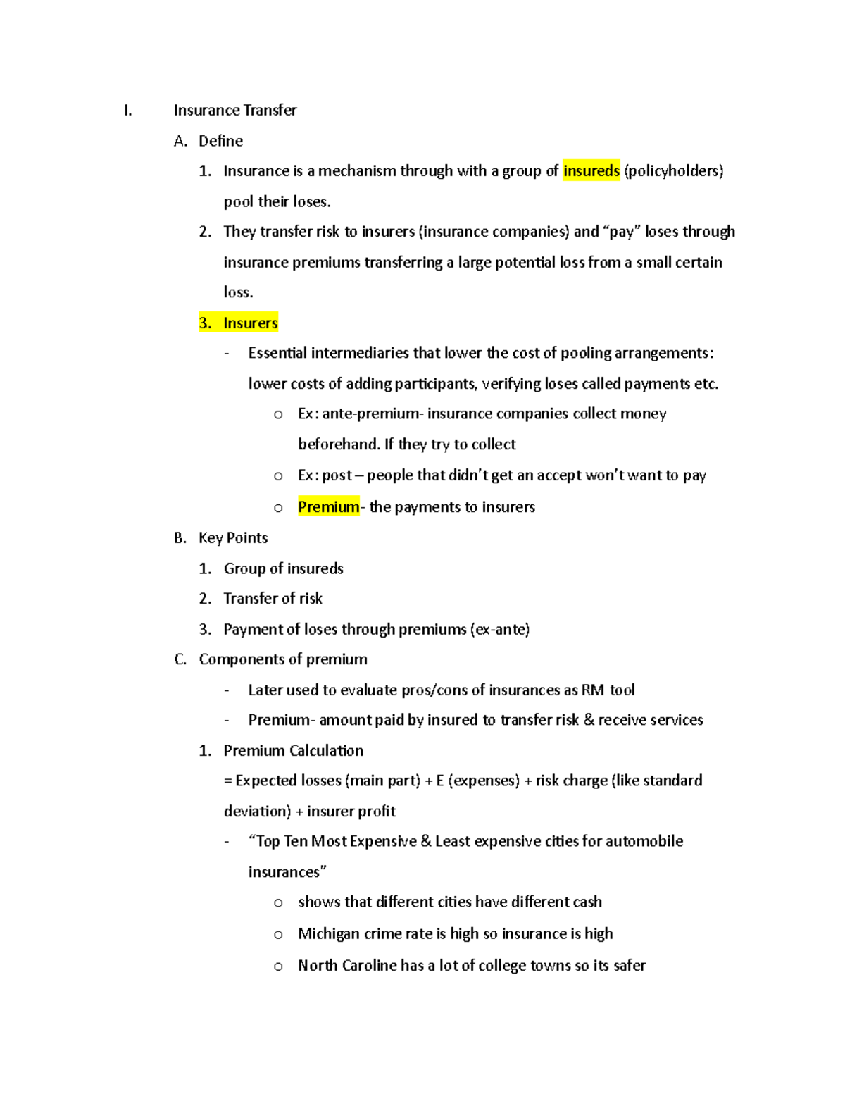 Final Notes RMI - I. Insurance Transfer A. Define 1. Insurance is a ...