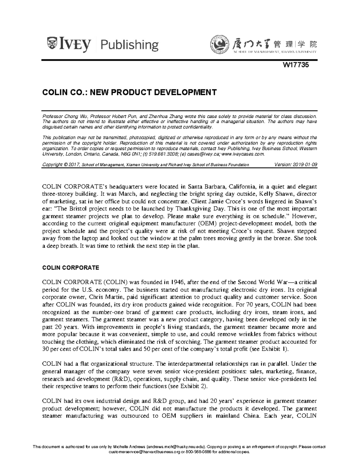 Colin - Case study - W COLIN CO.: NEW PRODUCT DEVELOPMENT Professor ...