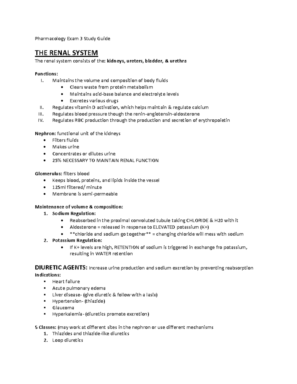 FILE-2174 - Practice - Pharmacology Exam 3 Study Guide THE RENAL SYSTEM ...