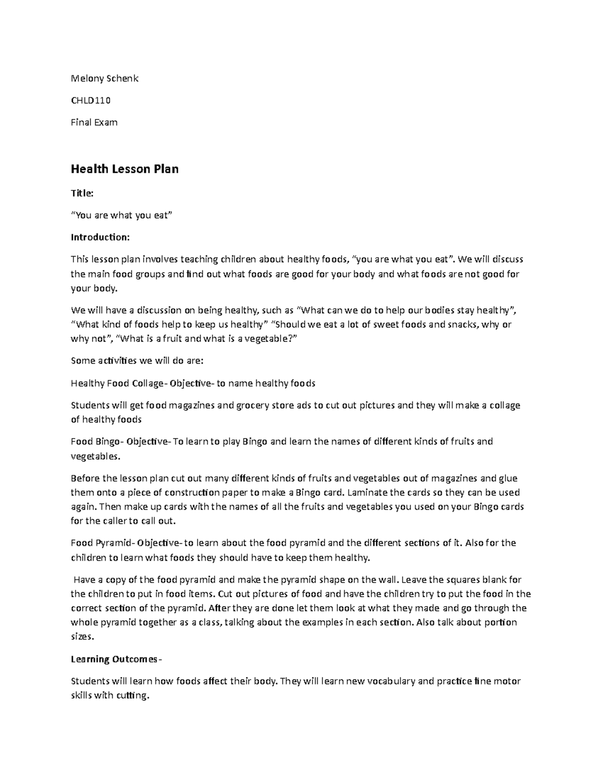 CHLD110 Final Exam Health Lesson Plan - Studocu