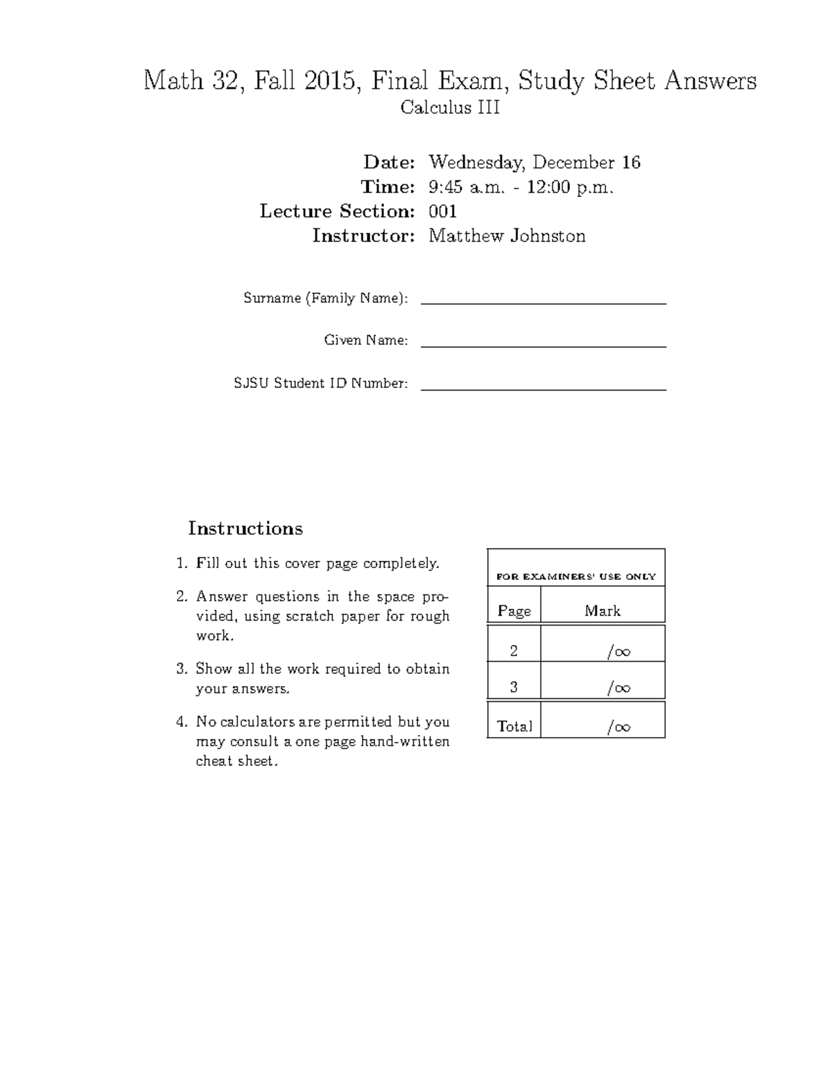 MATH 32 Final Exam - Math 32, Fall 2015, Final Exam, Study Sheet ...