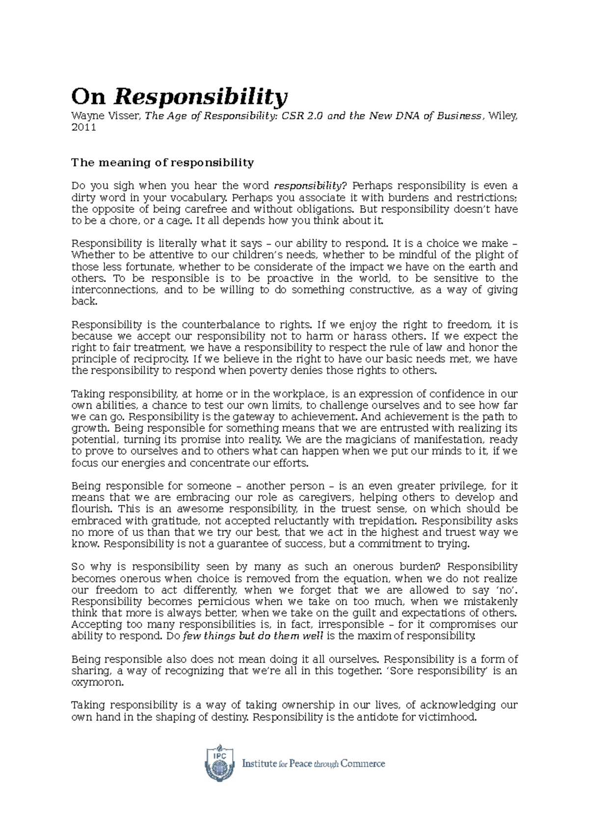 책경 1차 온라인 과제 202 - 책경 1차 온라인 과제 202 - On Responsibility Wayne Visser ...