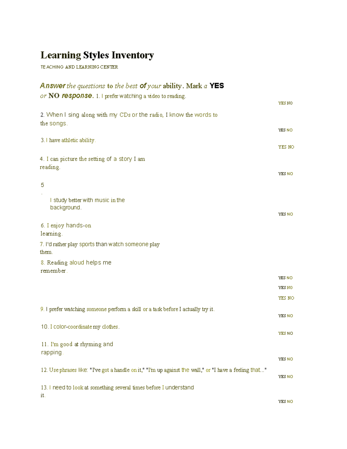 Topic 1 Activity - example of study skills - Learning Styles Inventory ...