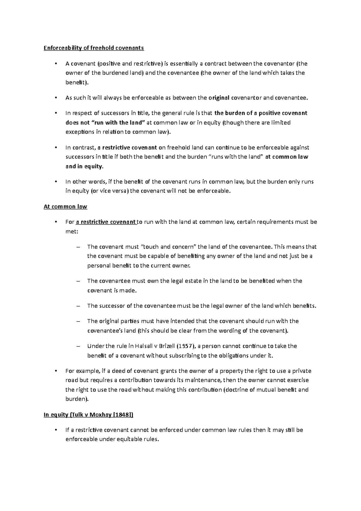 Land law - freehold convenants 2 - Enforceability of freehold covenants ...