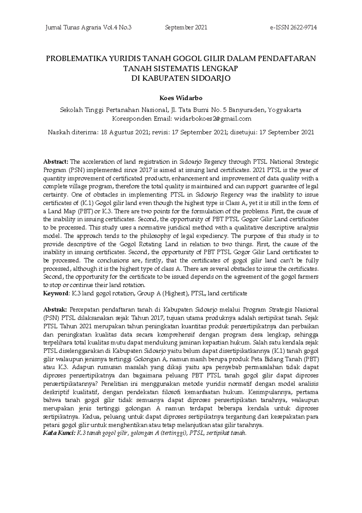 155-Article Text-886-1-10-20210926 - PROBLEMATIKA YURIDIS TANAH GOGOL GILIR DALAM PENDAFTARAN ...