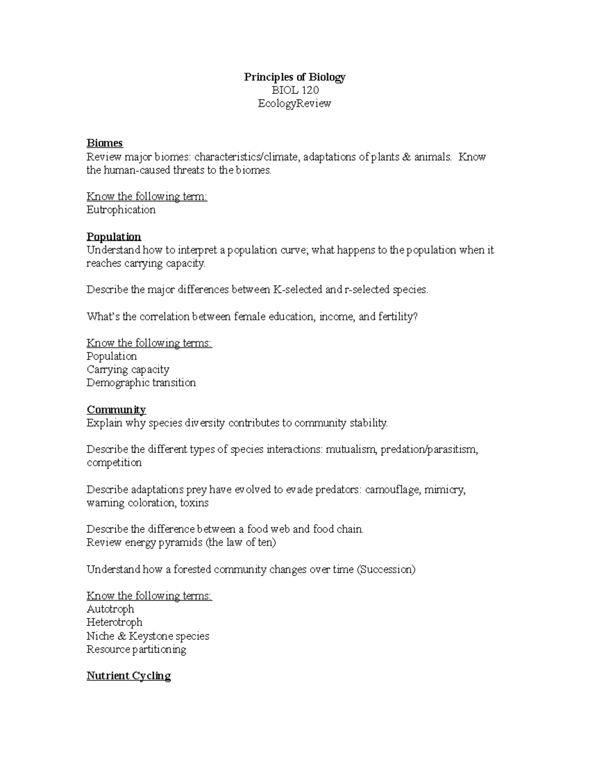 Ecology Review 1 - Principles of Biology BIOL 120 EcologyReview Biomes ...