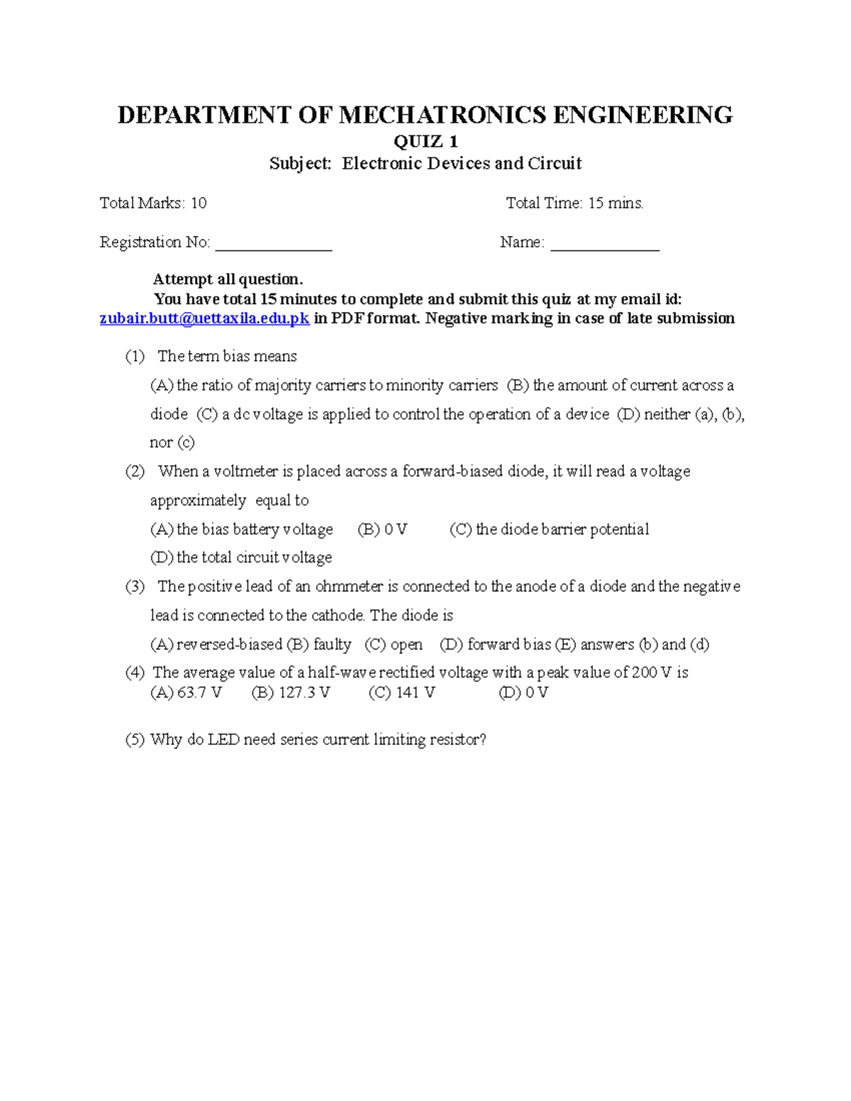 Electronic Devices and circuits EE-221 quiz - DEPARTMENT OF ...