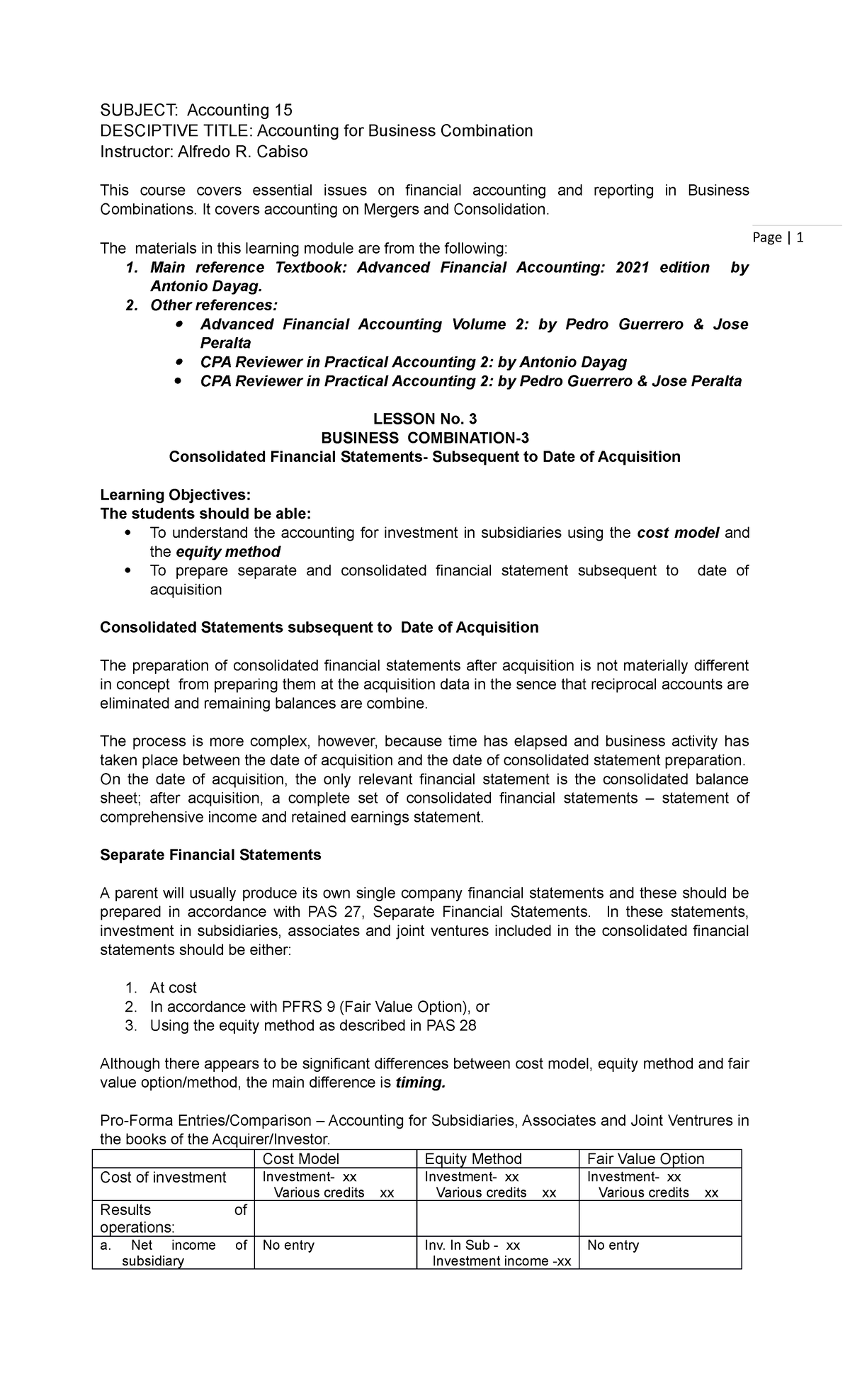 Business Combination-Lesson 3 - Page | 1 SUBJECT: Accounting 15 ...