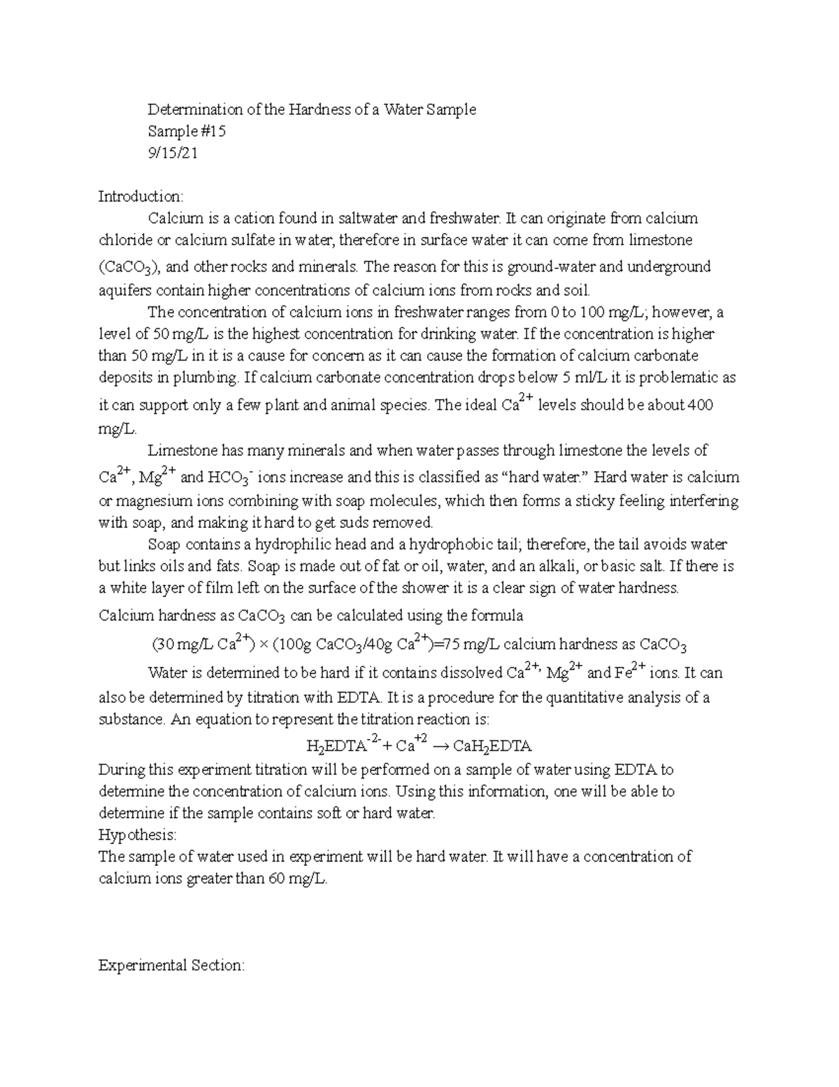 LAB Report 1 - Determination of the Hardness of a Water Sample Sample ...