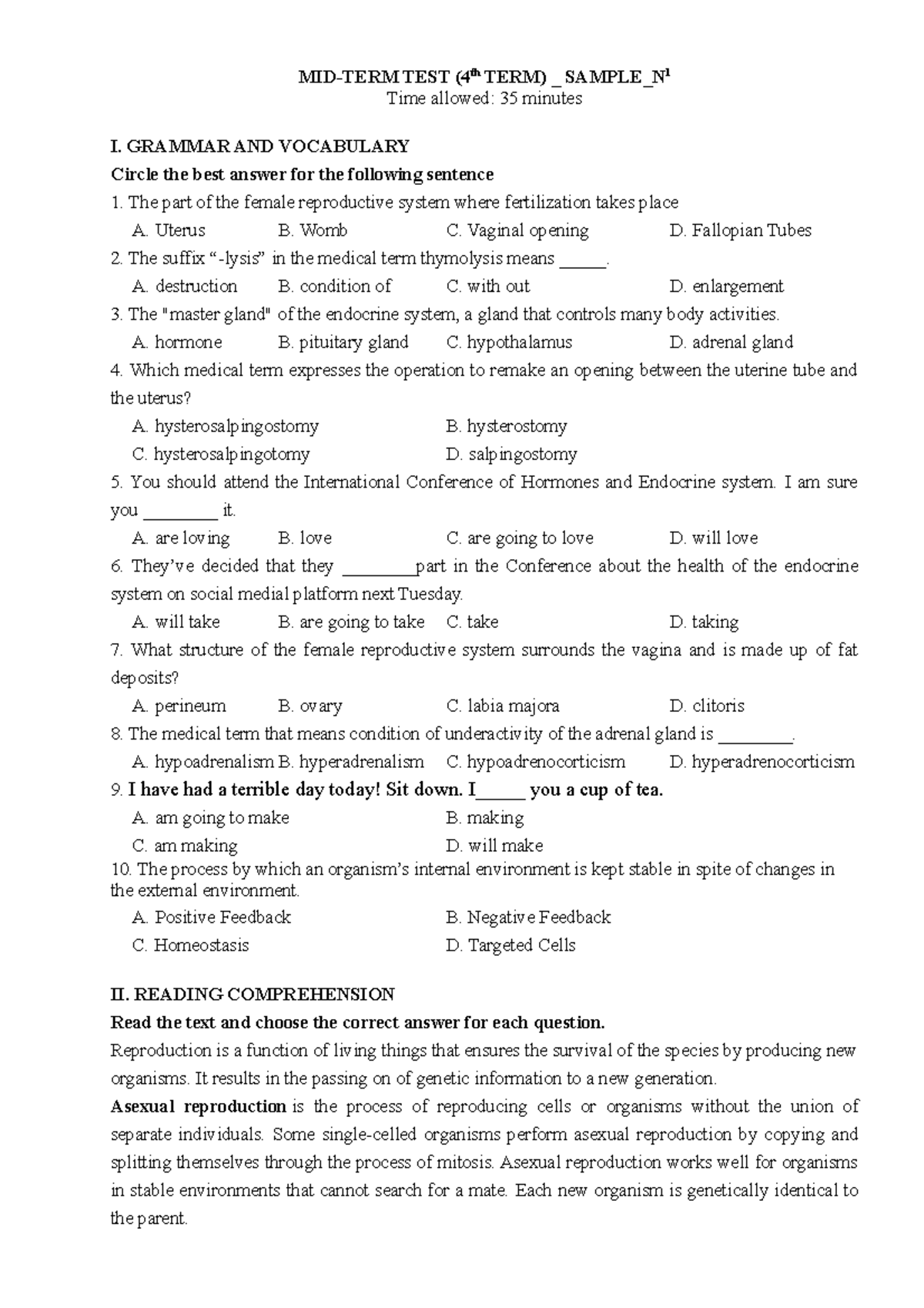 Mid term test 1 HP4 Sample - MID-TERM TEST (4th TERM) _ SAMPLE_N 1 Time ...