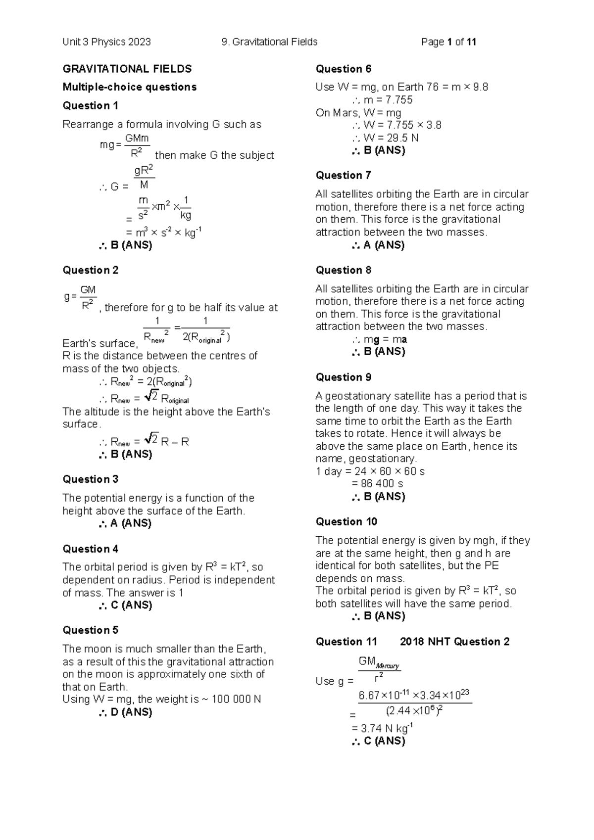 9 Checkpoints Gravitational Field Solutions - GRAVITATIONAL FIELDS Multiple-choice questions ...