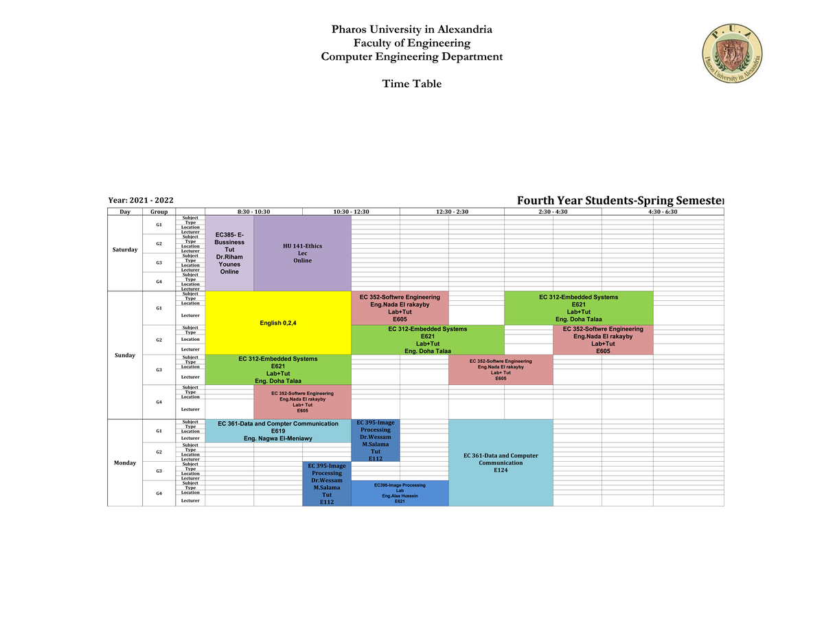 Fourth Year Time Table colored V6 - Pharos University in Alexandria ...