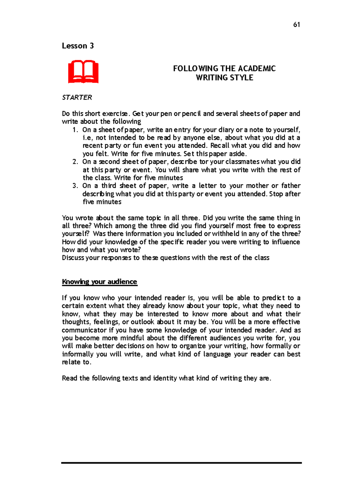 Following the Academic Writing Style - Lesson 3 STARTER Do this short ...