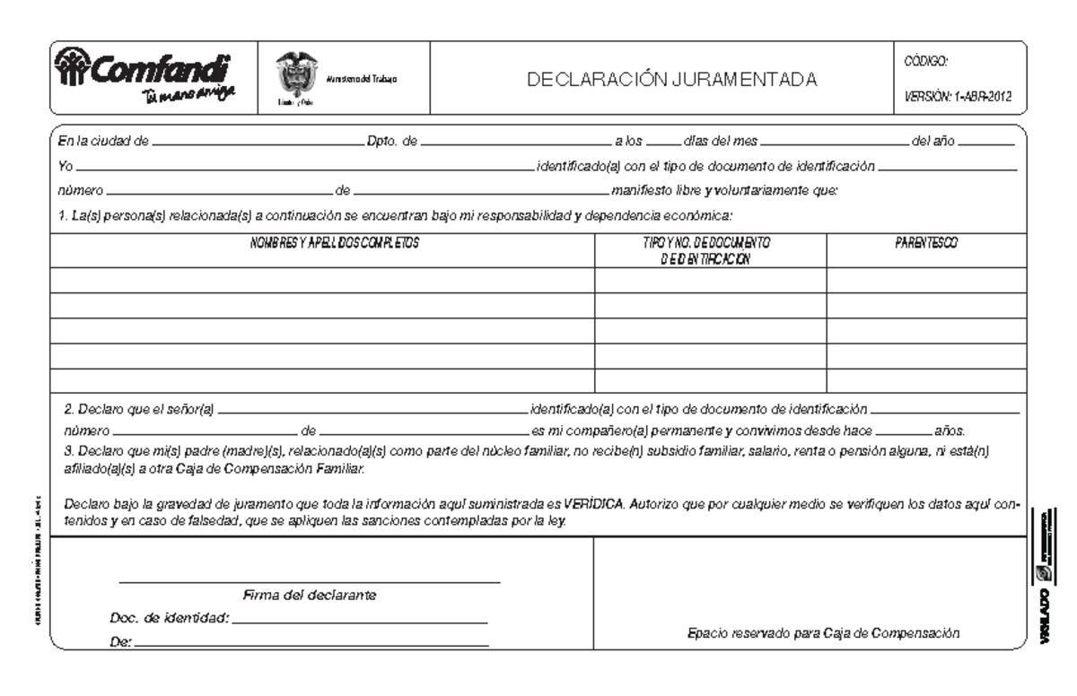 Declaracion juramentada 1 - CÓDIGO: VERSIÓN: 1-ABR- DECLARACIÓN ...