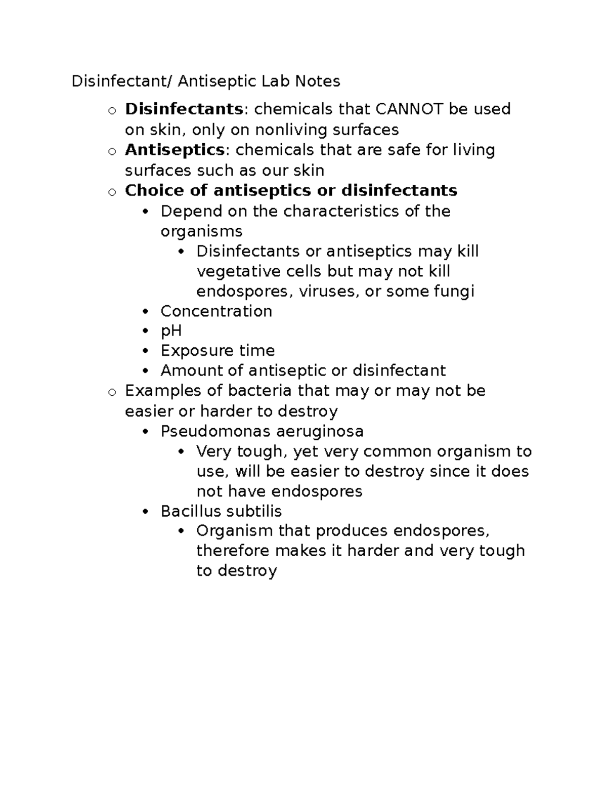 Lab quiz 6 Notes - Disinfectant/ Antiseptic Lab Notes o Disinfectants ...