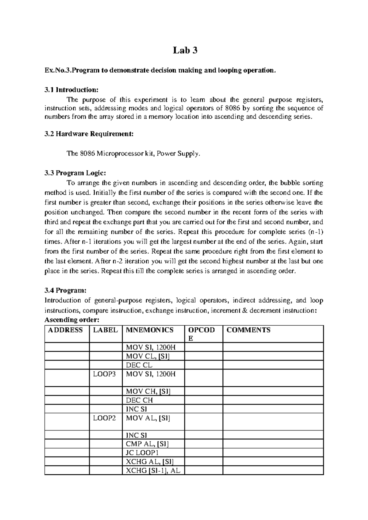 COA EXP3 - Lab 3 Ex.No.3 to demonstrate decision making and looping operation. 3 Introduction ...