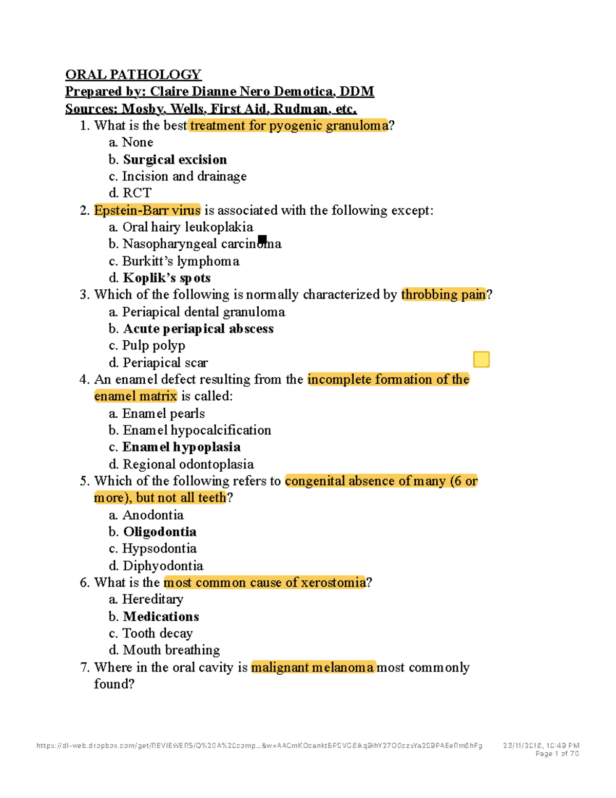 Q-A compiled questions (CDD) - ORAL PATHOLOGY Prepared by: Claire ...