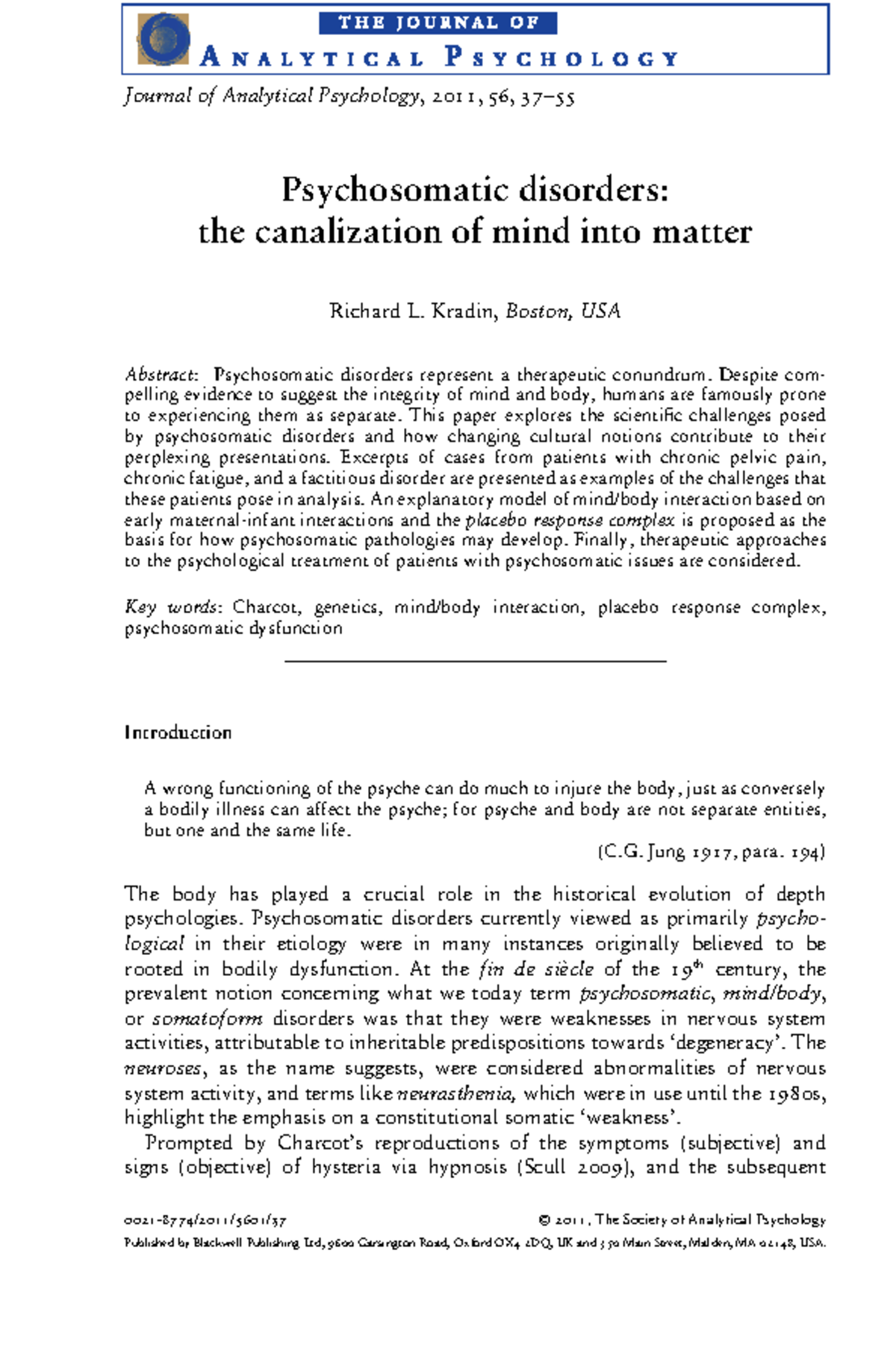 Psychosomatic disorders - Journal of Analytical Psychology, 2011 , 56 ...