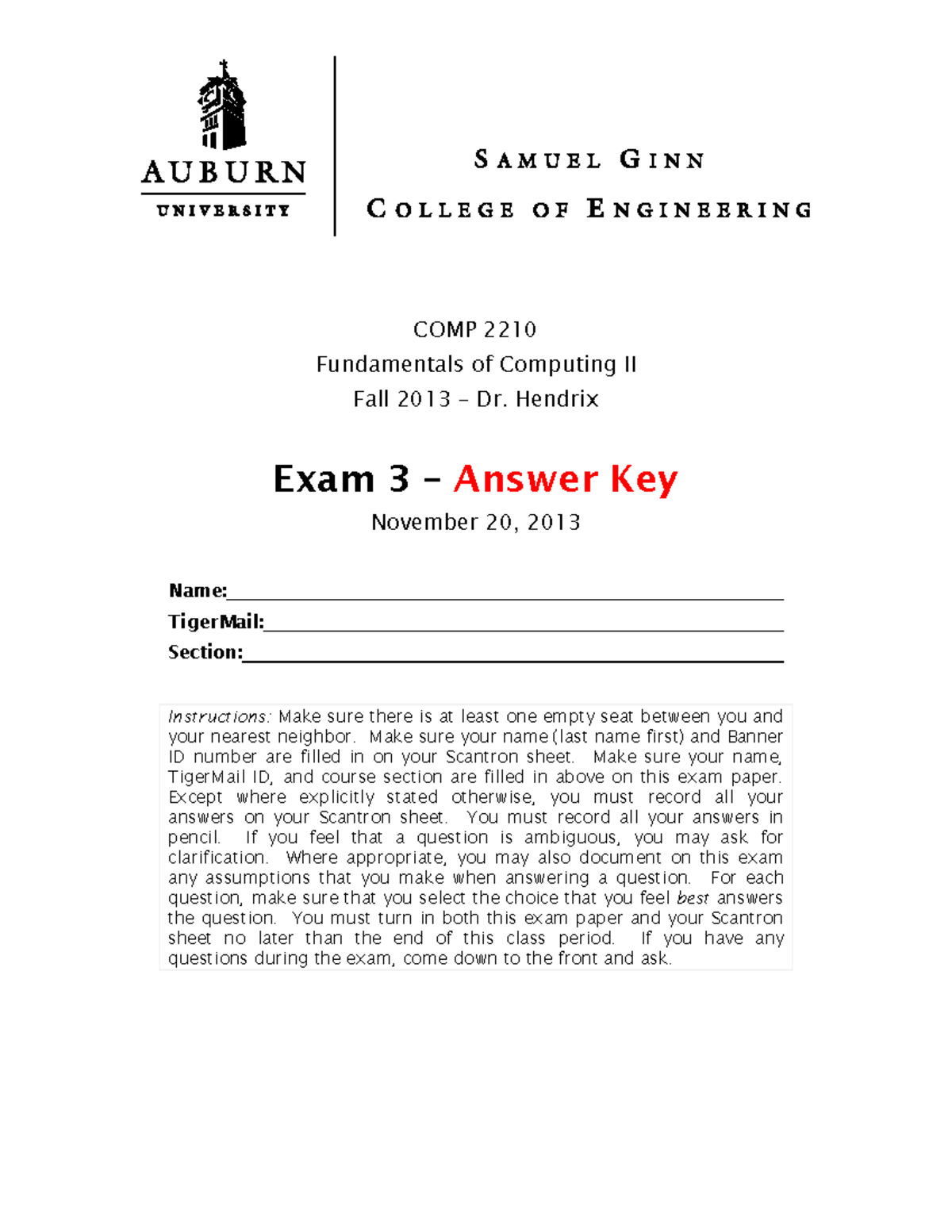 COMP 2210 - Hendrix - Fall 2013 Exam 1 - COMP 2210 Fundamentals of Computing II Fall 2013 Dr ...