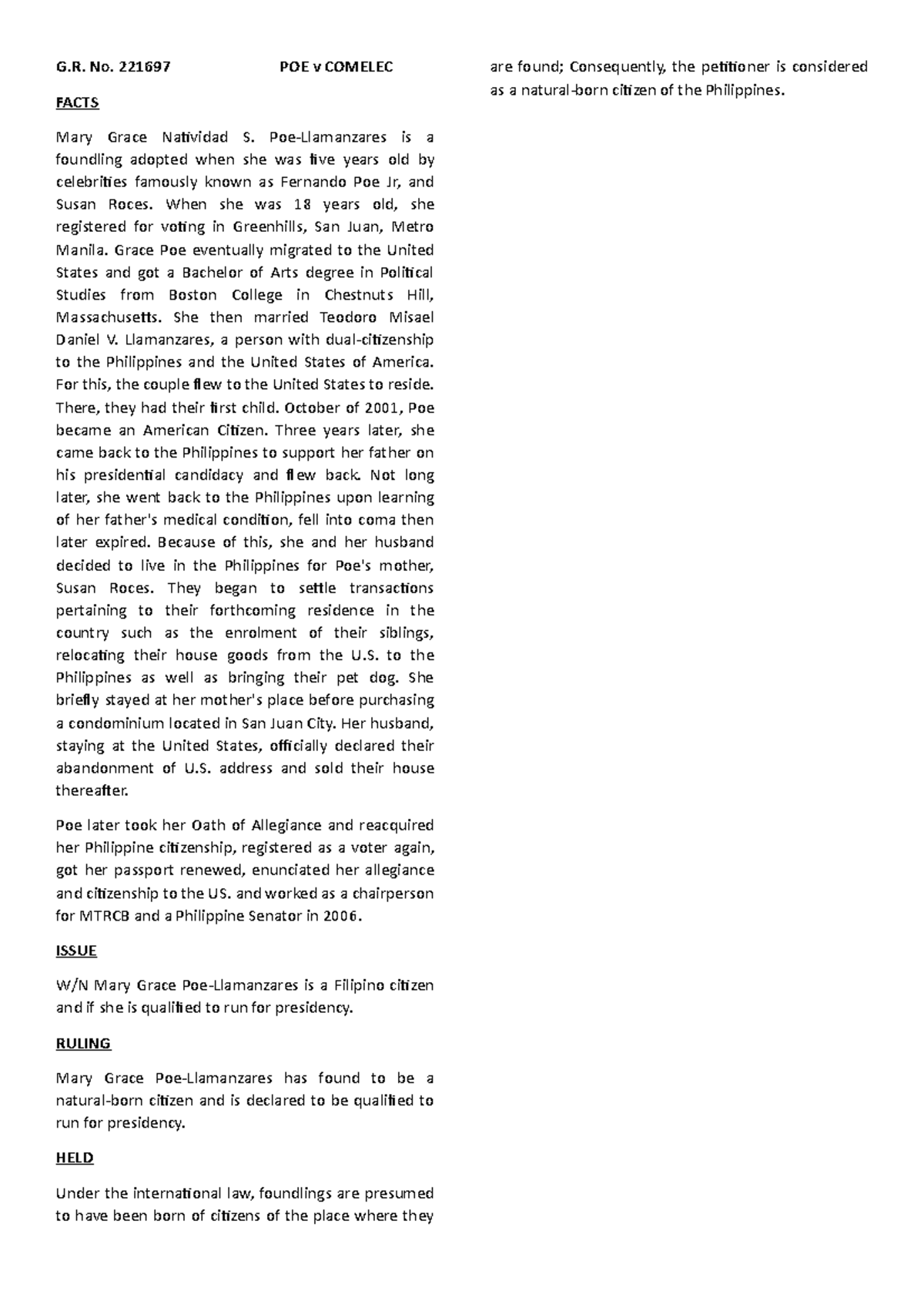 Poe-v- Comelec - G. No. 221697 POE v COMELEC FACTS Mary Grace Natividad ...
