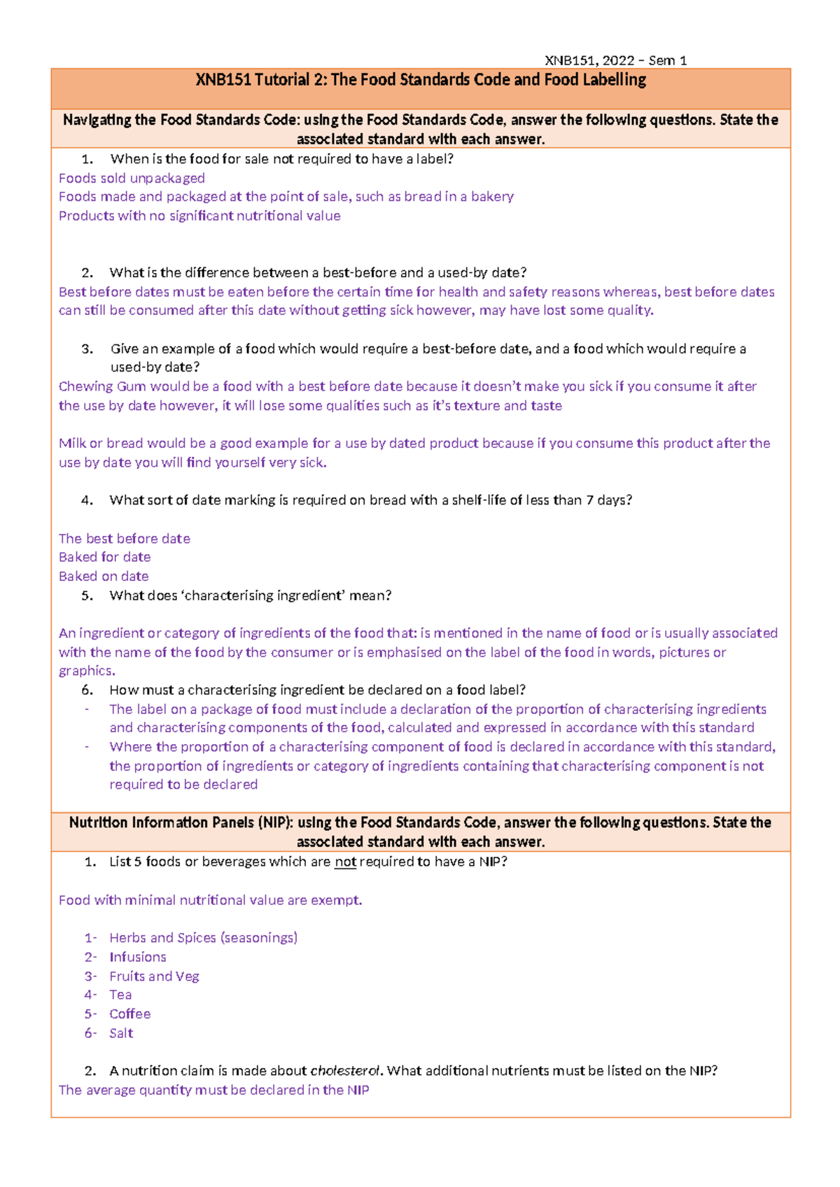 Tutorial 2 Food Labelling students worksheet - XNB151 Tutorial 2: The ...