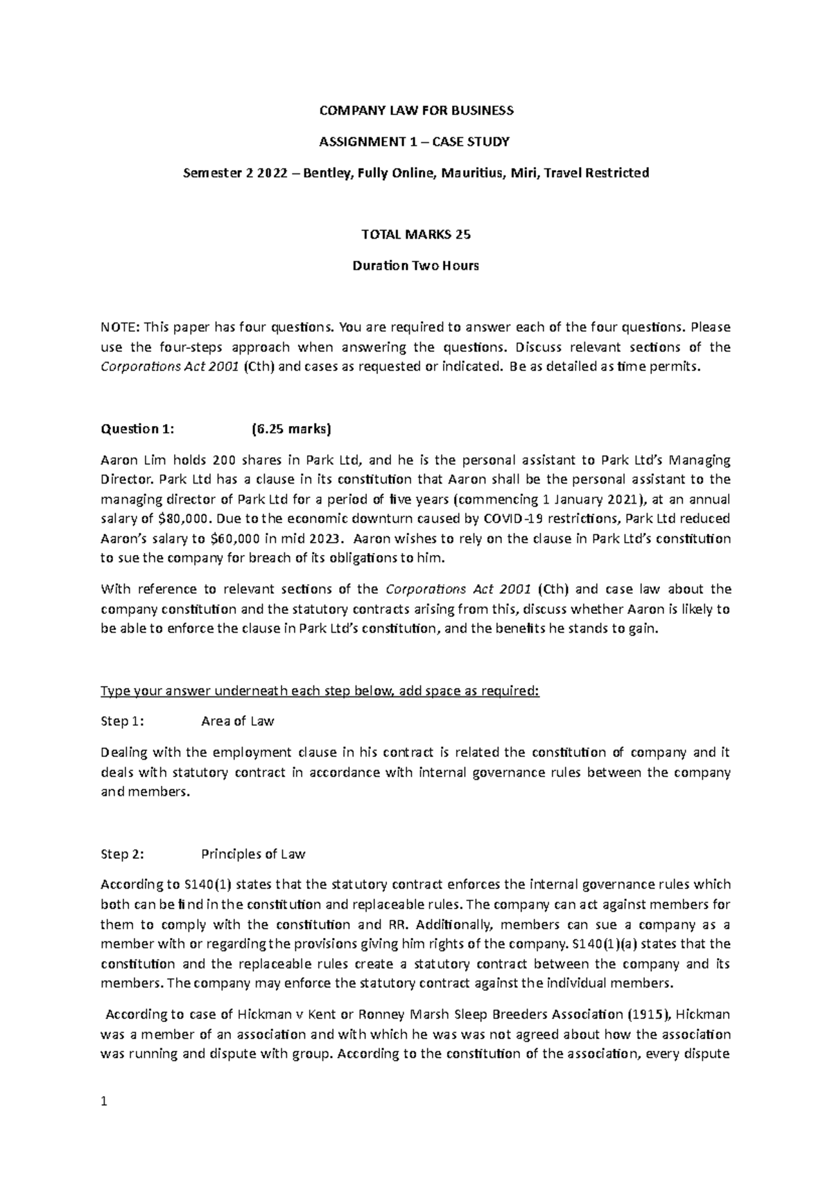 Case Study Hassan Afaq 20525761 - COMPANY LAW FOR BUSINESS ASSIGNMENT 1 ...