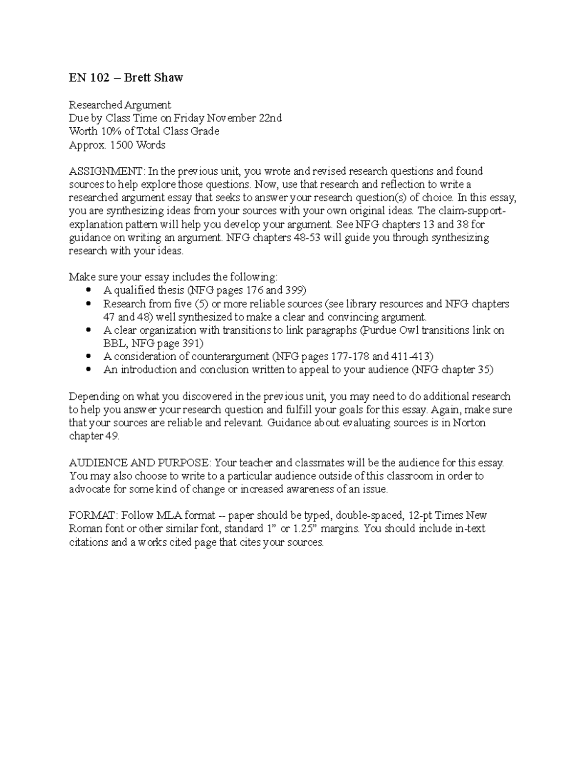 Researched Argument Essay Prompt - EN 102 - EN 102 – Brett Shaw ...