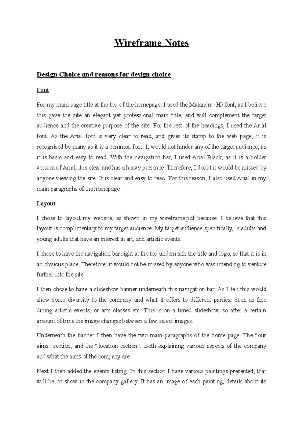 Wireframe Notes - For the rest of the headings, I used the Arial font ...