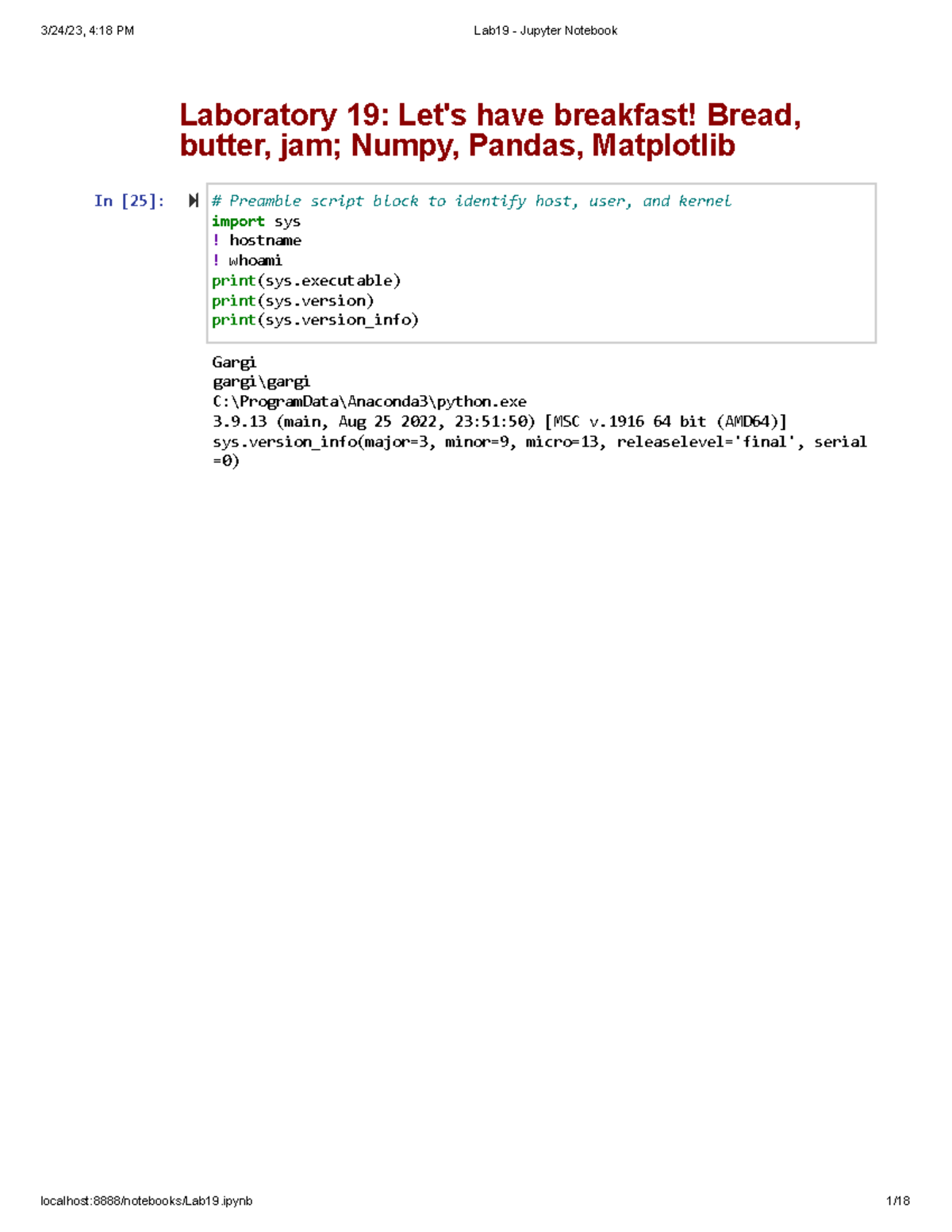 Lab19 - Jupyter Notebook - Laboratory 19: Let's have breakfast! Bread, butter, jam; Numpy ...