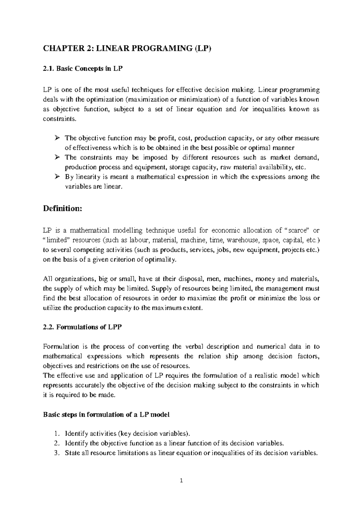 Operations Research- HU - CHAPTER 2: LINEAR PROGRAMING (LP) Basic ...