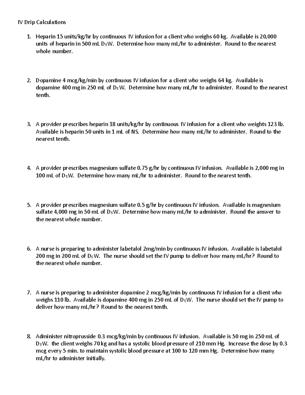 N307 Med Math: IV Infusion Calculations & Answers - 1. Heparin 15 units ...