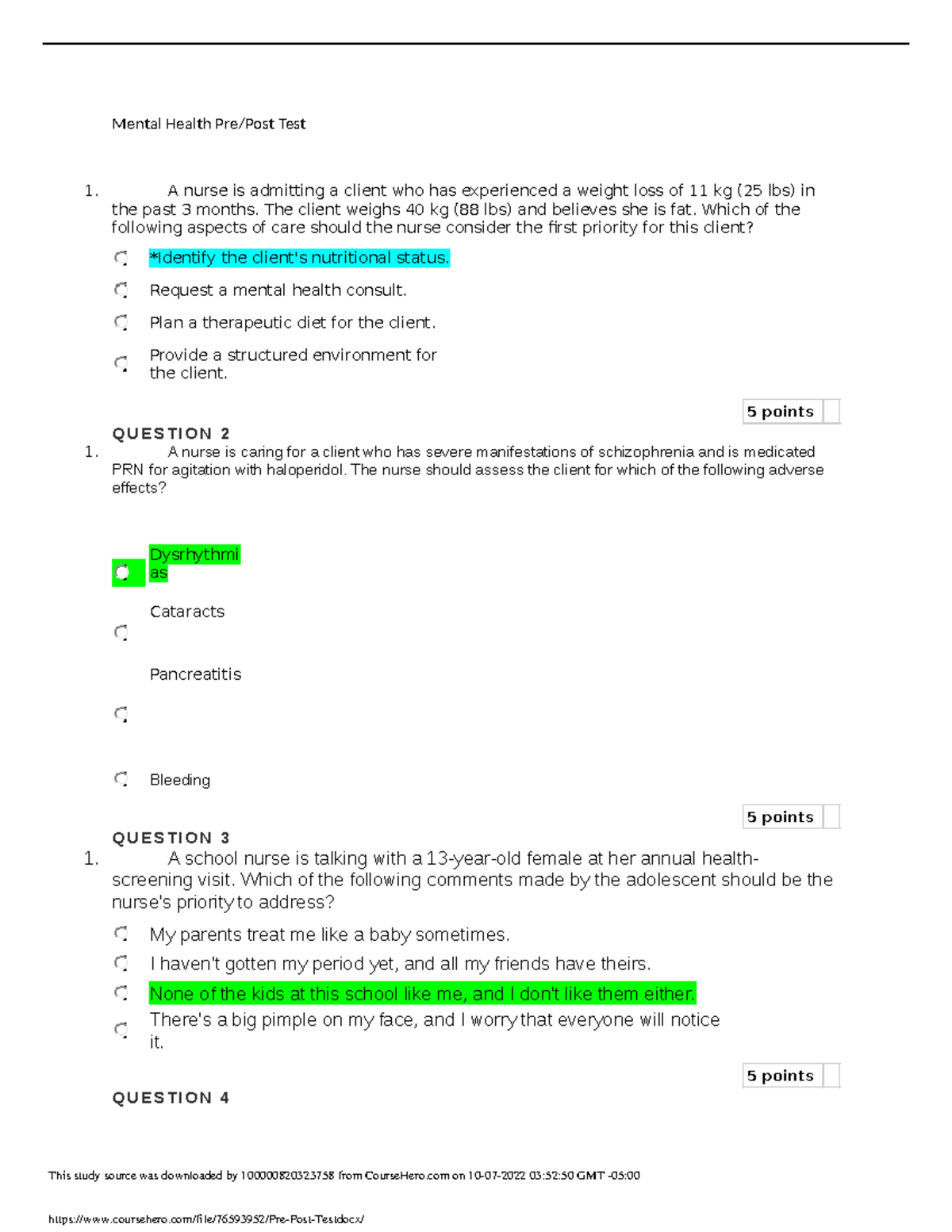 Pre Post Test - PRE POST - Mental Health Pre/Post Test A nurse is ...