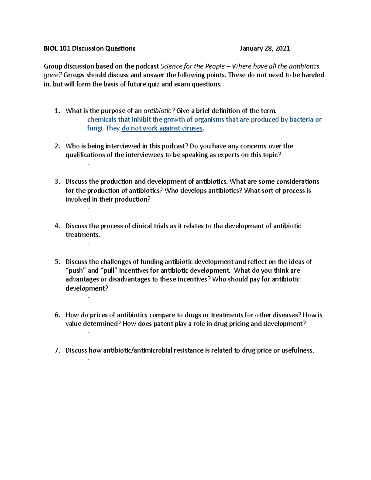 BIOL 101 Discussion Questions January 28 - BIOL 101 Discussion Quesions ...