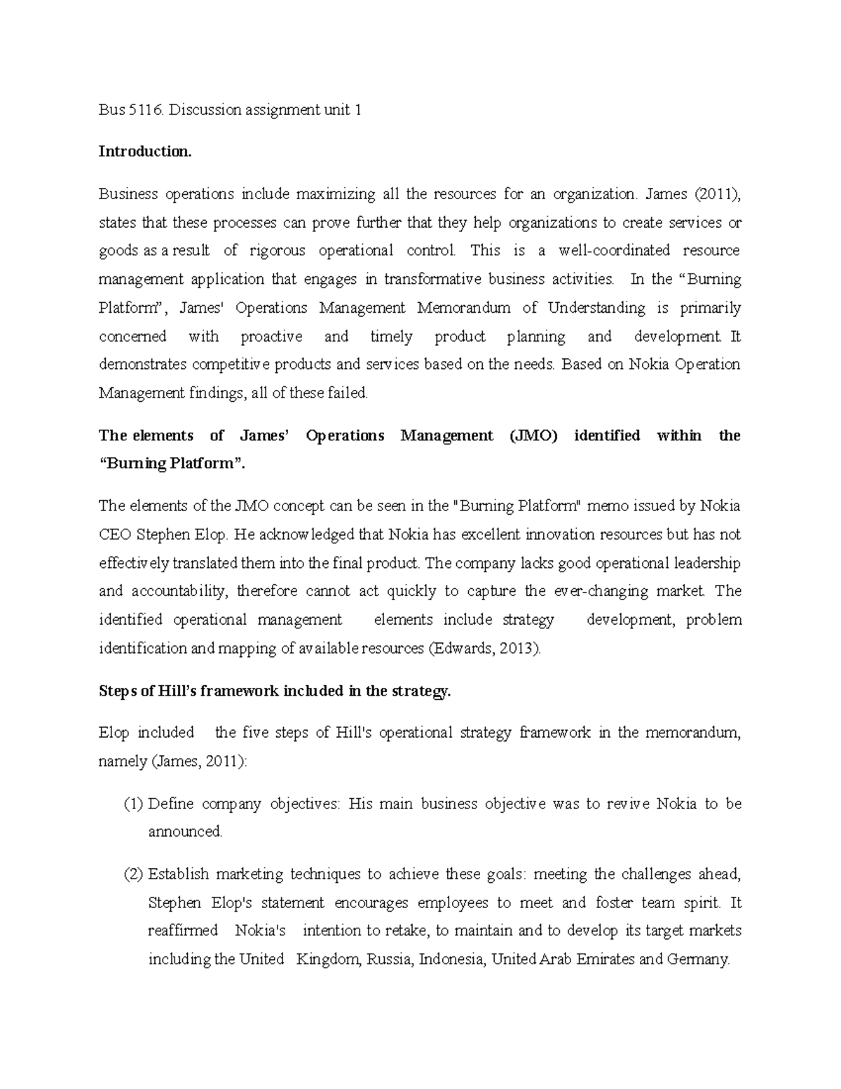 Bus 5116. Discussion unit 1 operations management - Bus 5116 ...