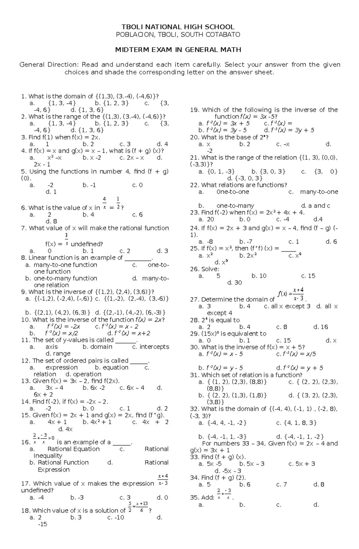 Gen MATH Midterm NONE What Is The Domain Of 1 3 3 4 4 6