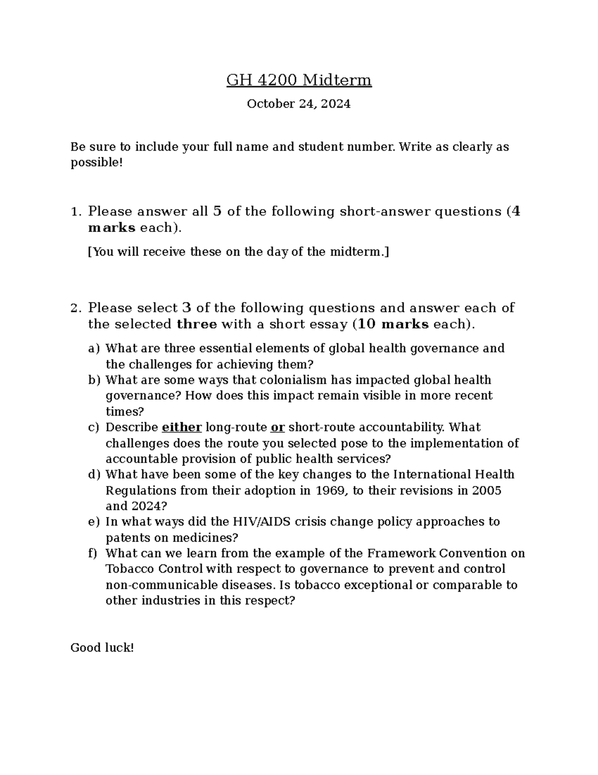 GH 4200 Midterm advance questions - GH 4200 Midterm October 24, 2024 Be ...