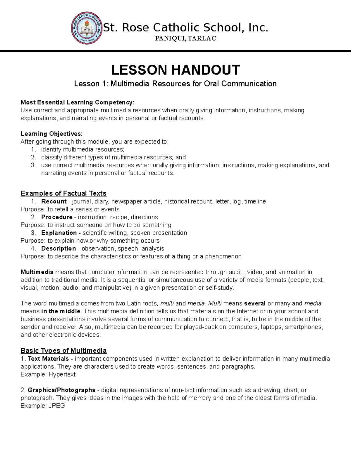 Lesson Handout L1 - St. Rose Catholic School, Inc. PANIQUI, TARLAC ...