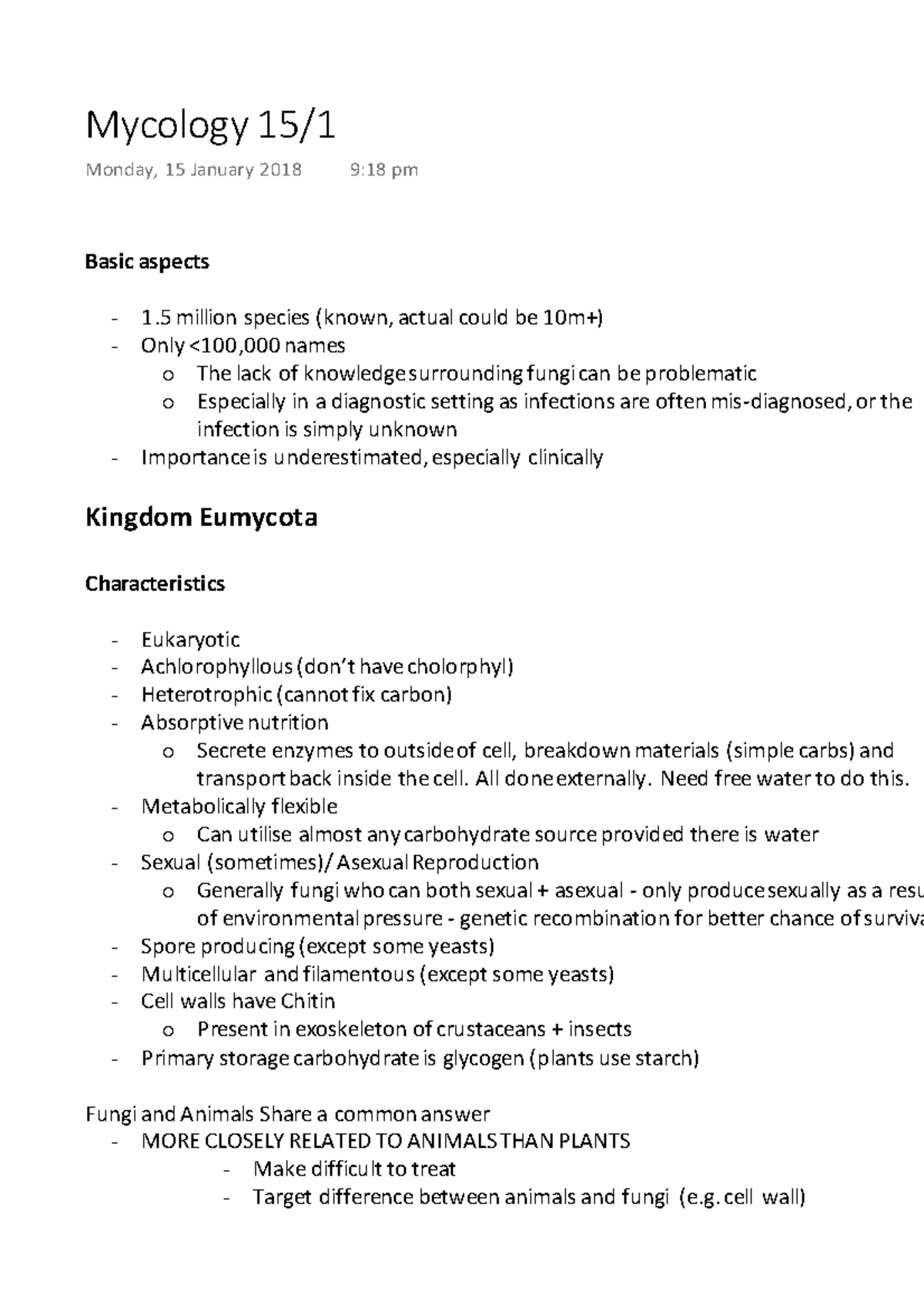 Mycology - Lecture notes 7 - Basic aspects 1 million species (known ...