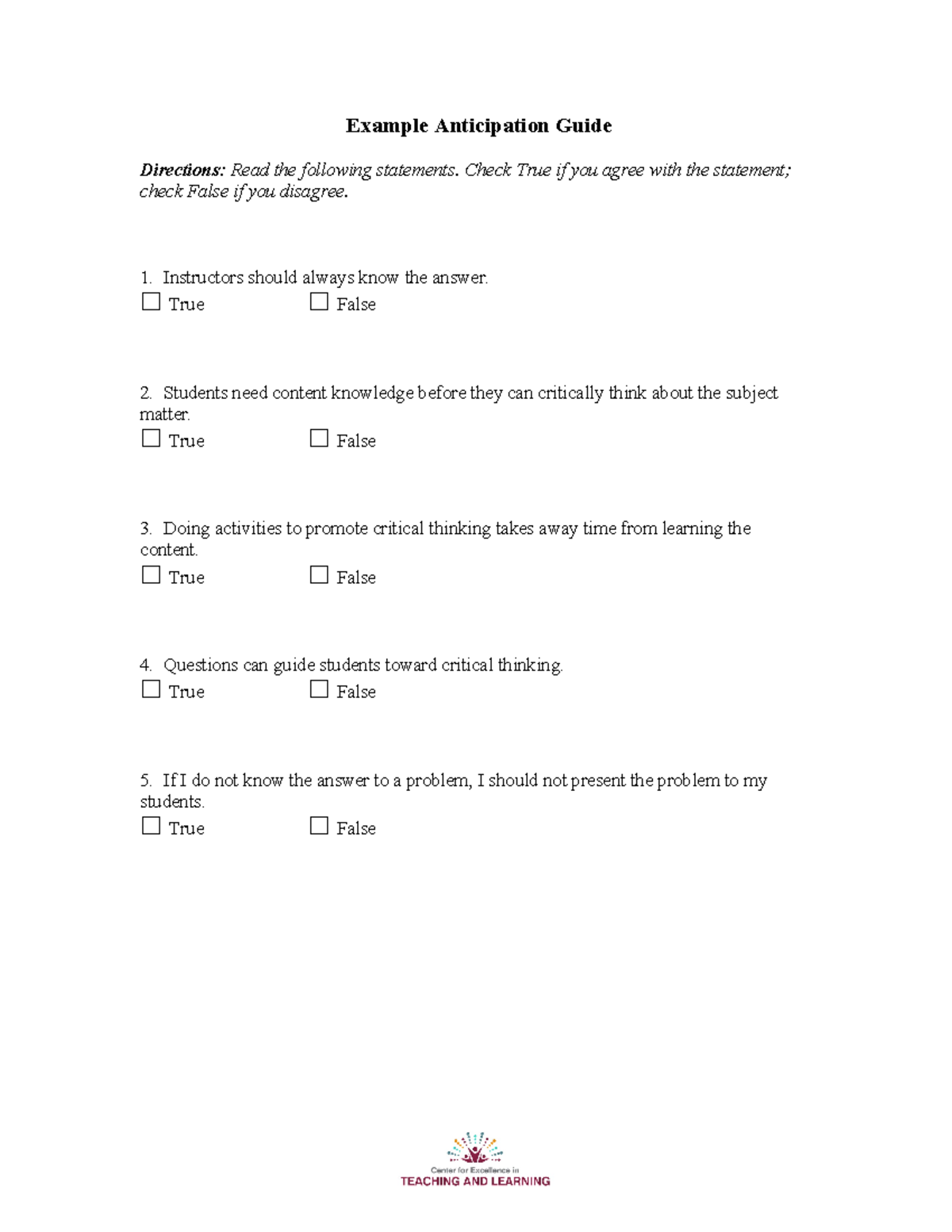 Anticipation Guide - jjjj - Example Anticipation Guide Directions: Read ...