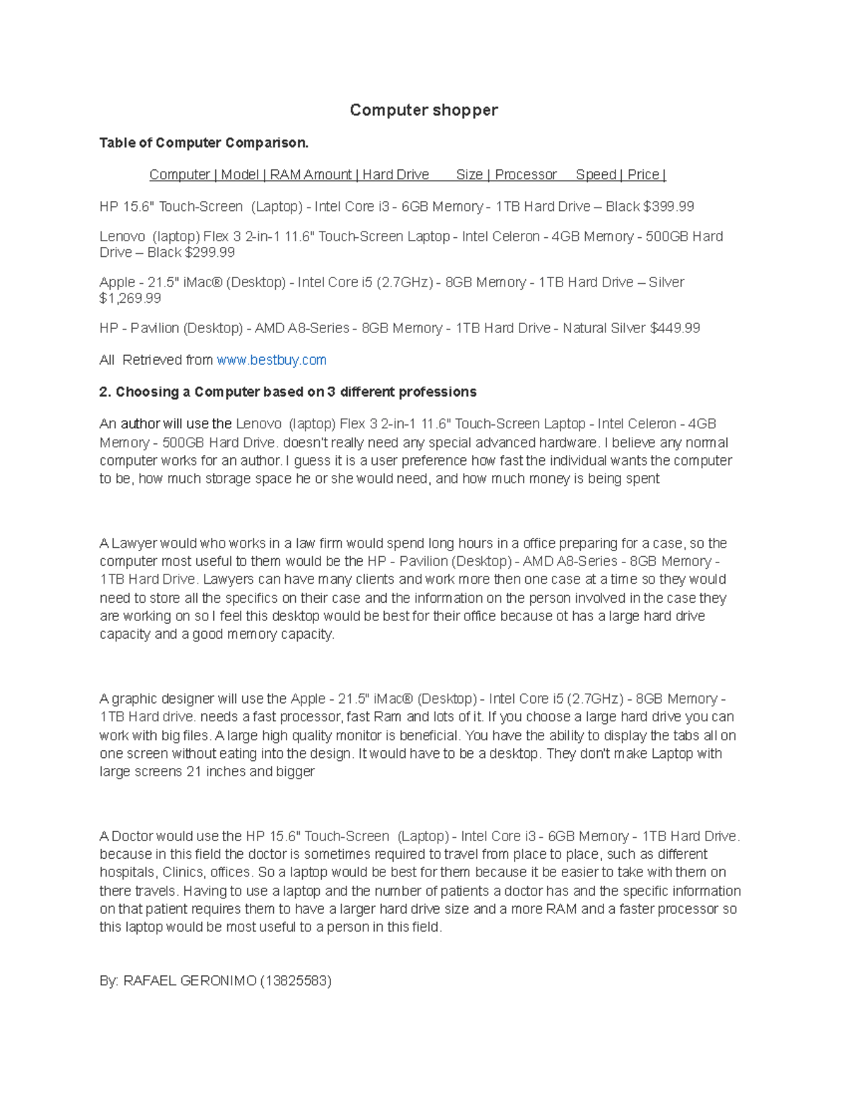 Computer shopper - lab8 - Computer shopper Table of Computer Comparison ...